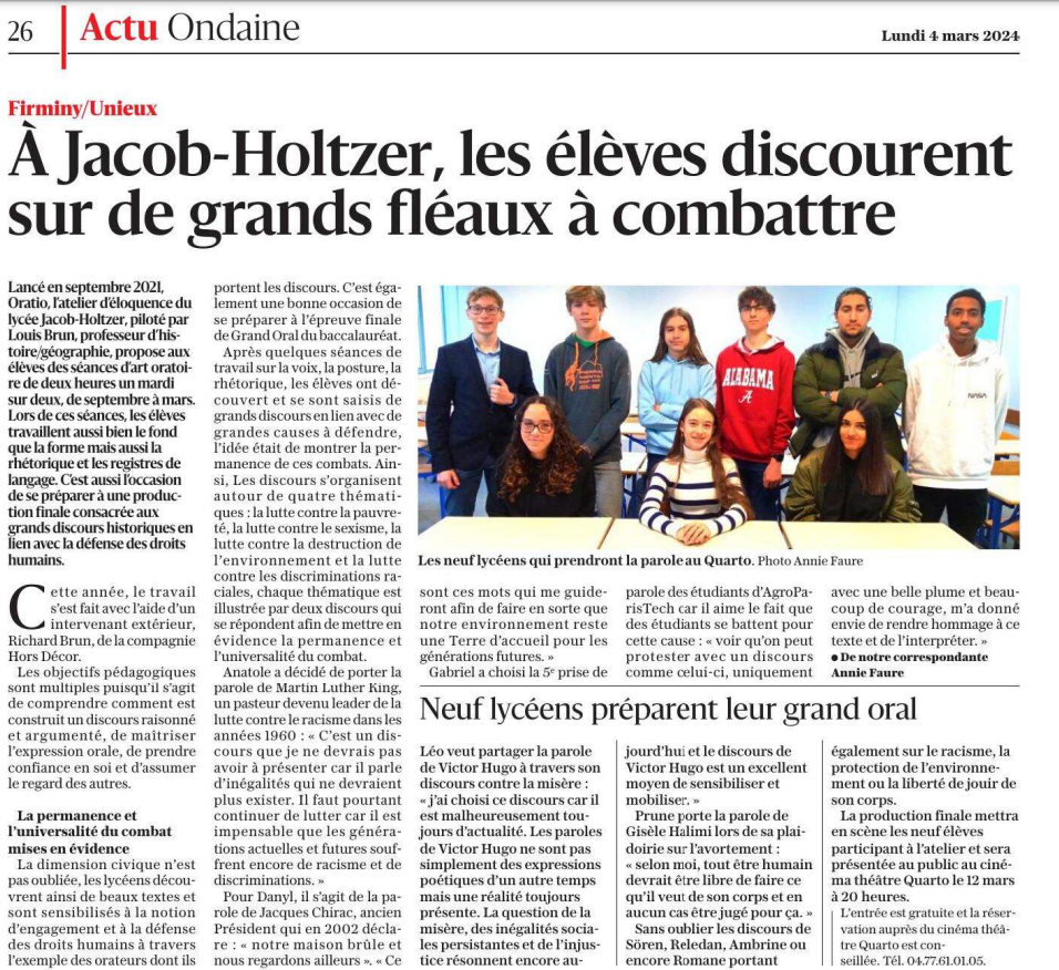 Oratio à la Une ! - Actualités - Cité scolaire Jacob Holtzer